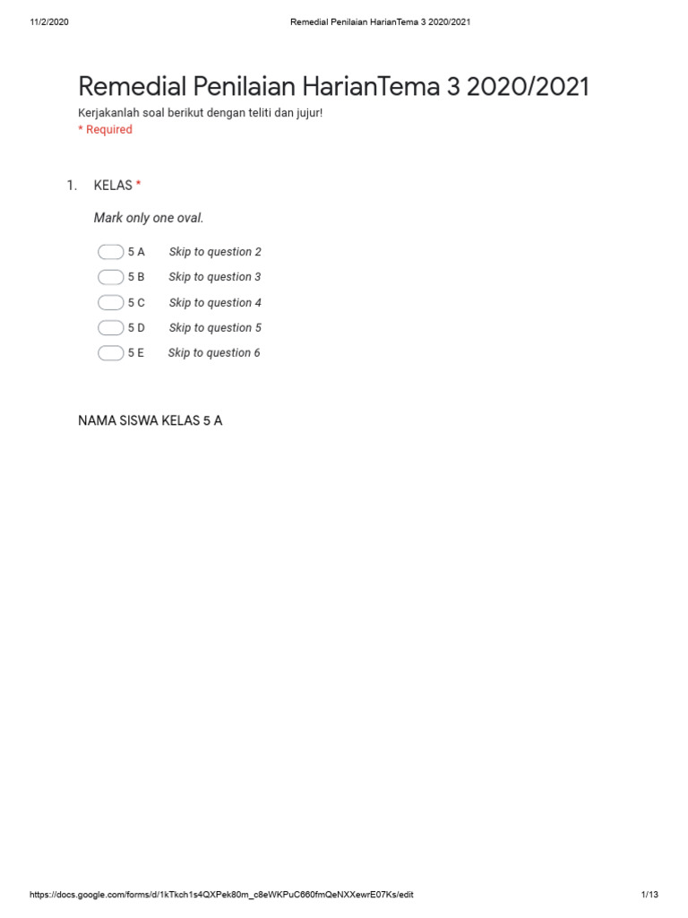 Soal Remedial Tema 3 2020 - 2021 - Google Forms | PDF