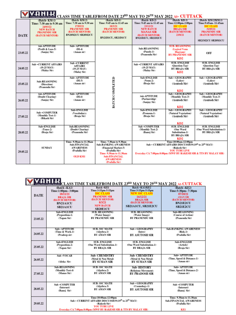 CTC Time Table 23RD-29TH May 2022 | PDF