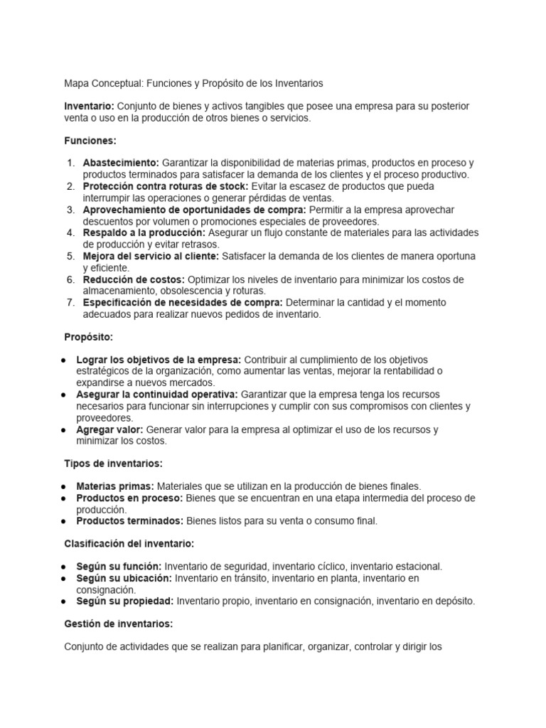 Mapa Conceptual. Funciones y Propósito de Los Inv... | PDF | Business | Lean Manufacturing