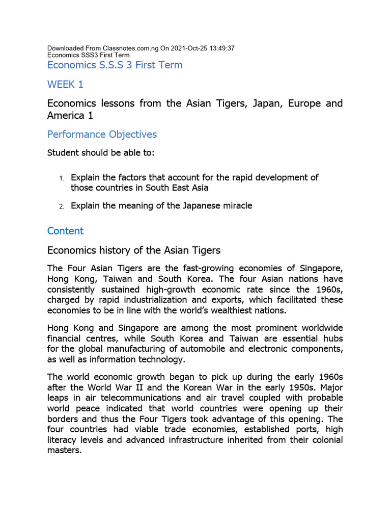 ClassNotes-Economics SSS3 First Term-271635166177 | PDF | Four Asian ...