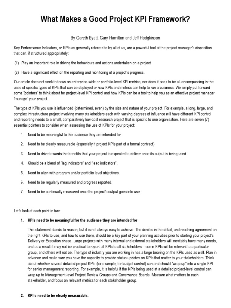 What Makes A Good Project Kpi Framework By Gareth Byatt Gary Hamilton And Jeff Hodgkinson