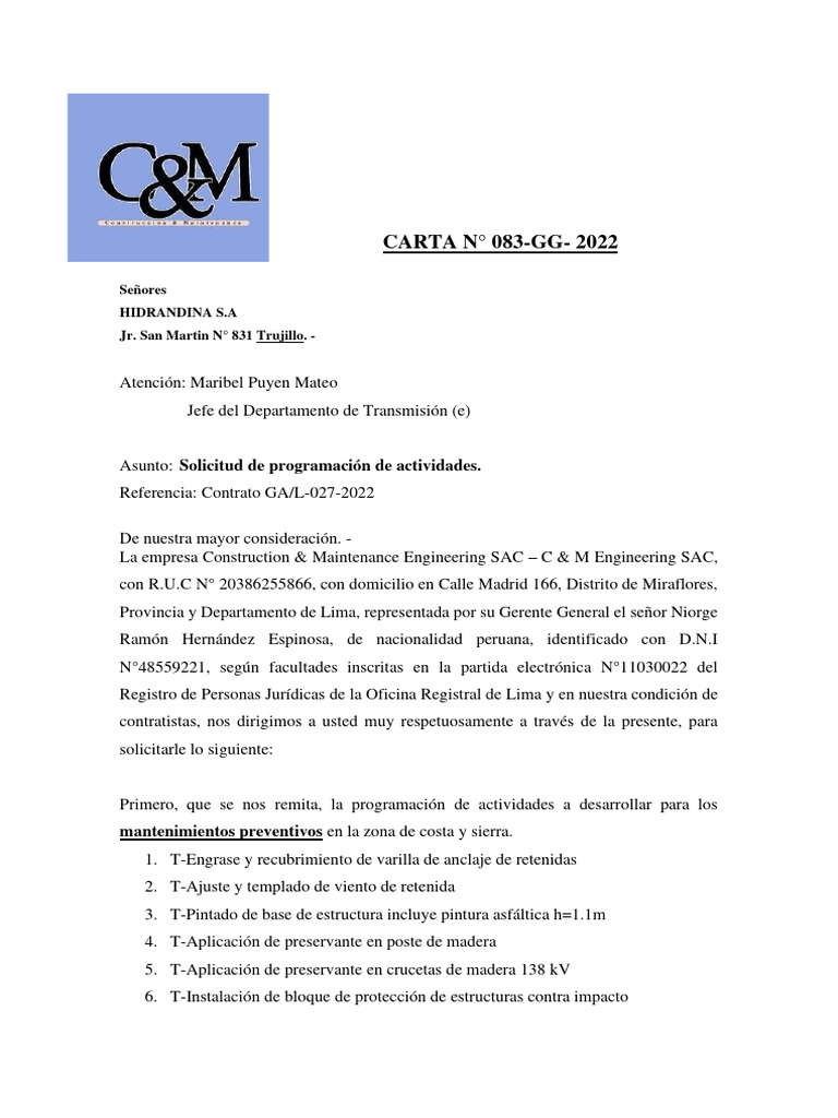 Carta 083 Solicitud de Programacion Costa y Sierra | PDF | Negocios | Hogar, jardinería y bricolaje