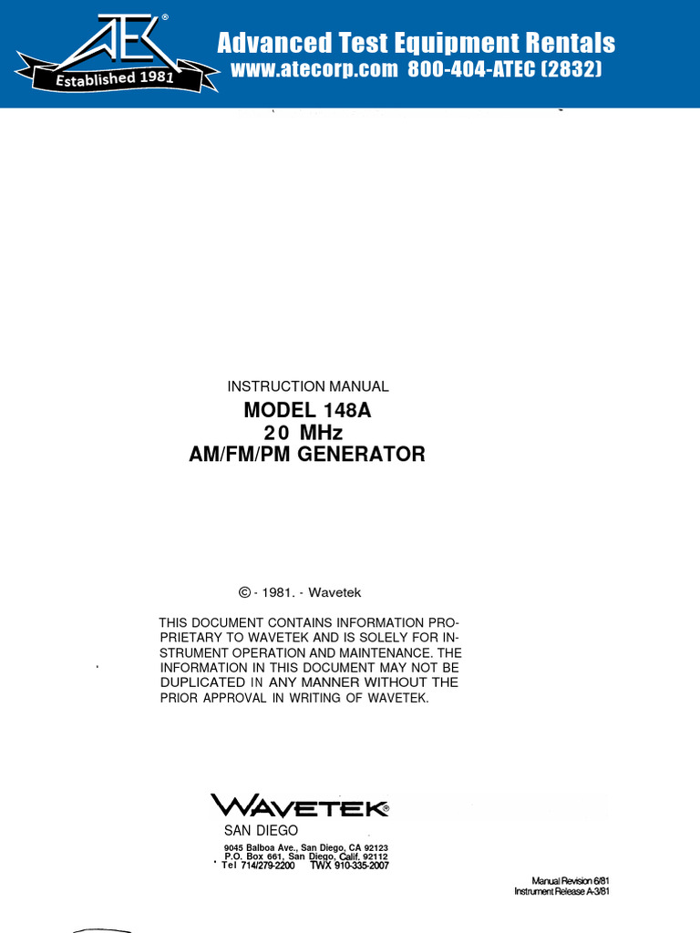 Wavetek 148A Manual | PDF | Amplitude | Modulation
