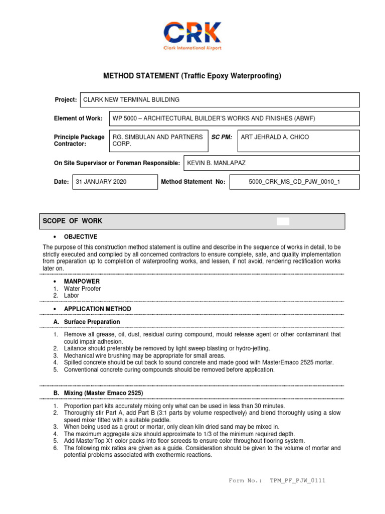 METHOD STATEMENT (Traffic Epoxy Waterproofing) | PDF | Personal Protective Equipment | Concrete