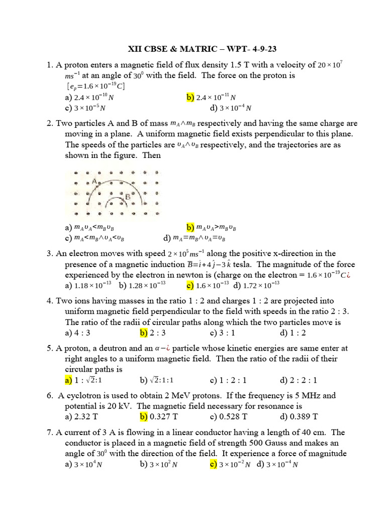 Xii Cbse & Matric Physics WPT - 4 - 9 - 23 | PDF | Magnetic Field ...