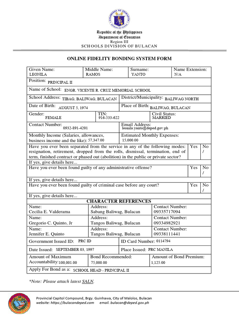 Fidelity Bond Form - Leonila R. Yanto | PDF