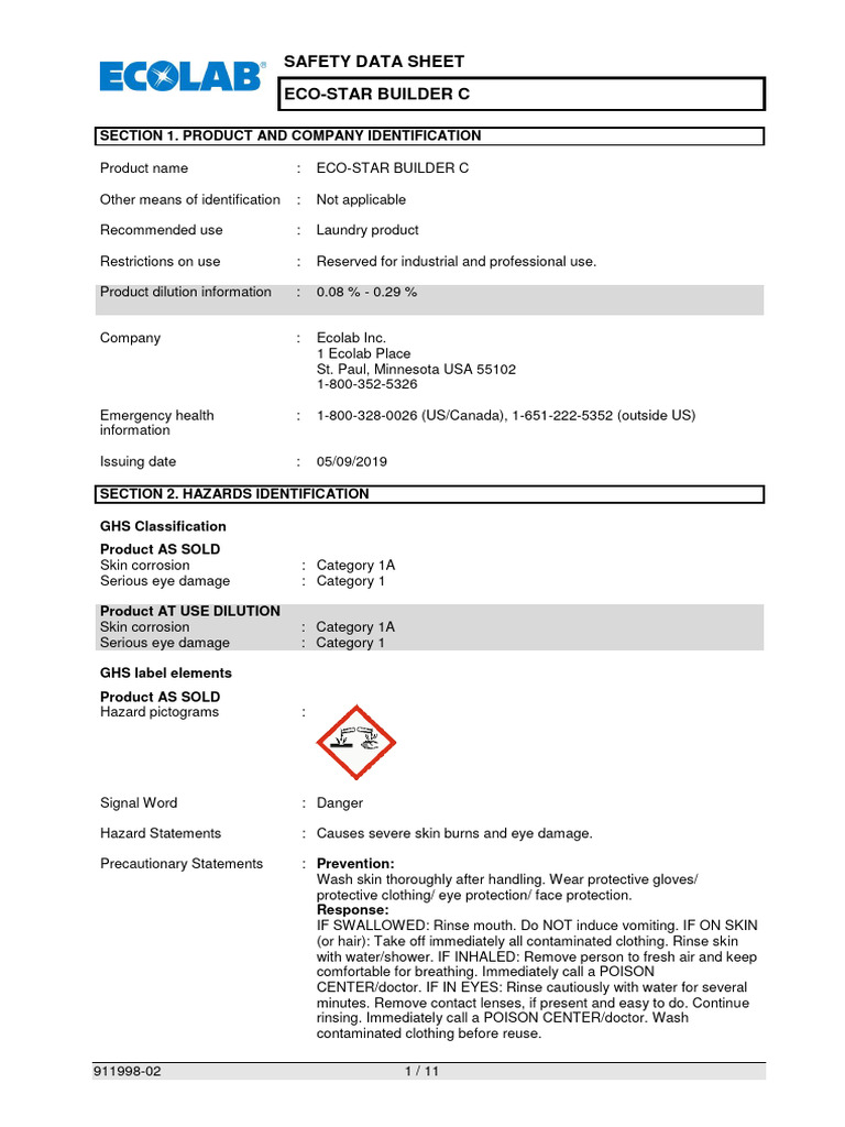 Ecolab Eco Star Builder SDS | PDF | Personal Protective Equipment ...