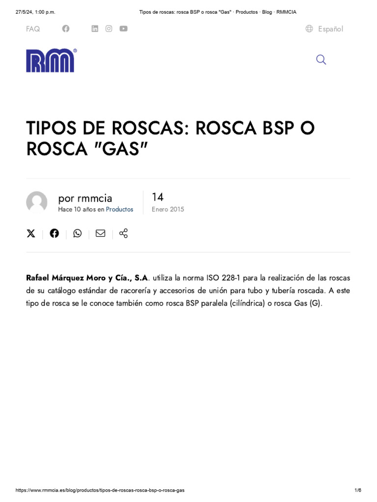Tipos de Roscas - Rosca BSP o Rosca - Gas - Productos Blog RMMCIA | PDF | Metalurgia | Plomería