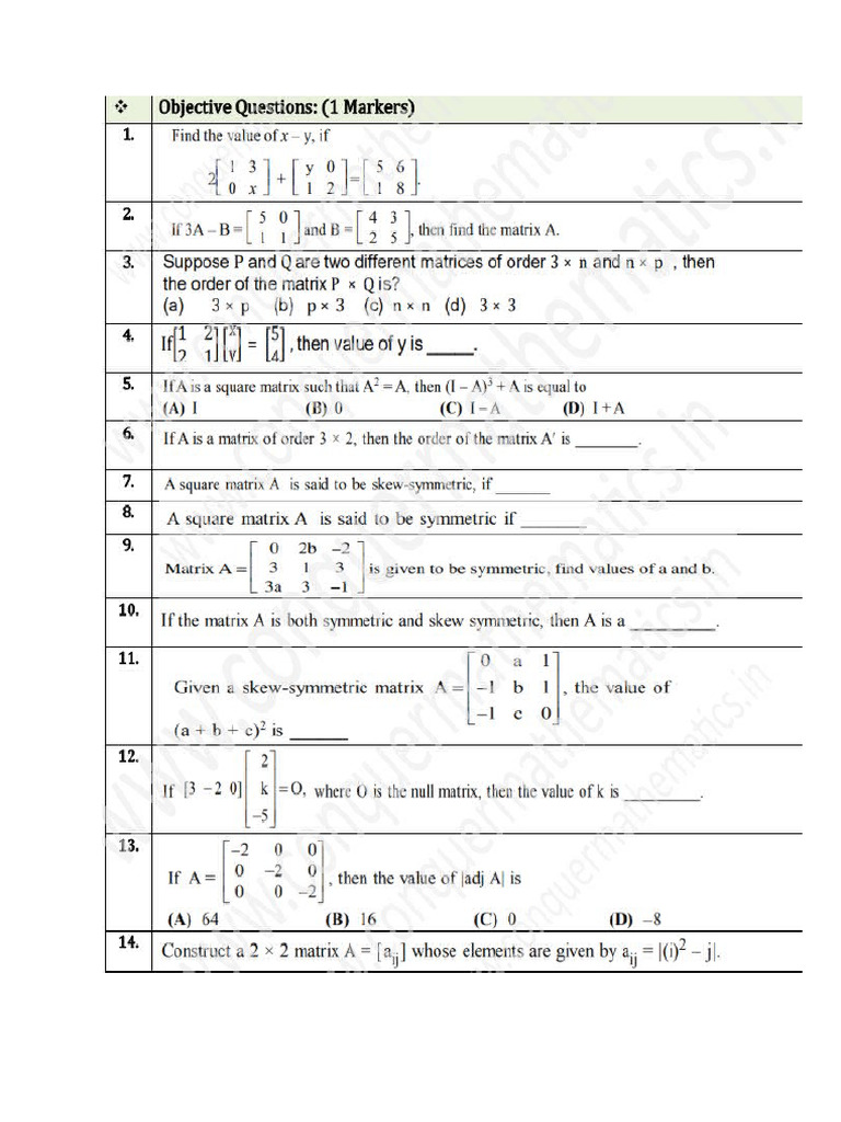 Matrices Worksheet 1 | PDF
