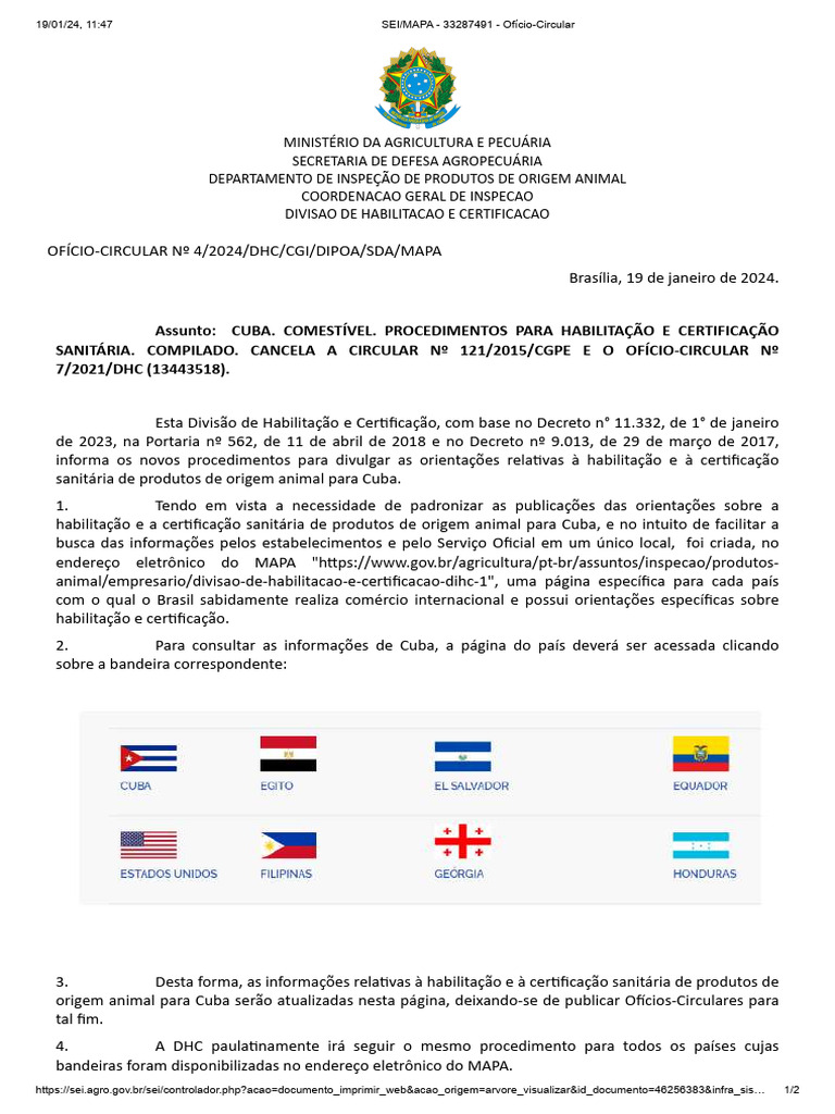 SEI - MAPA - 33287491 - Ofício-Circular - 4 - 2024 - DHC | PDF | Cuba