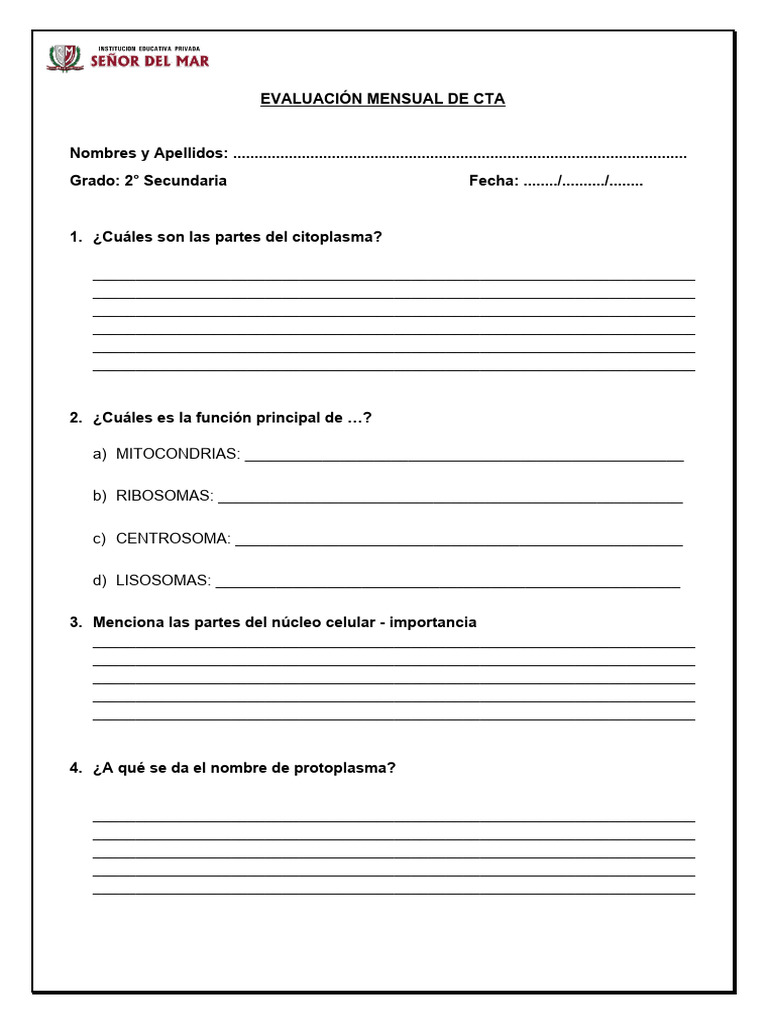 Examen Mensual de Cta 2° Secundaria | PDF | Citoplasma | Anatomía Celular
