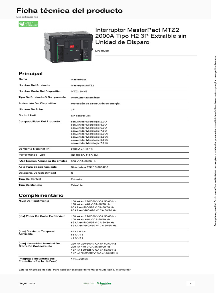 Interruptor MasterPact MTZ2 2000A 3P | PDF | Ingenieria Eléctrica