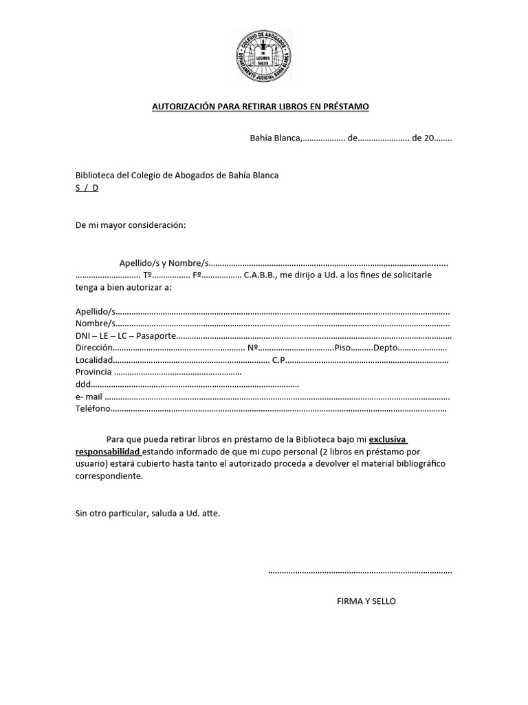 Autorización Préstamo Libros CABB | PDF