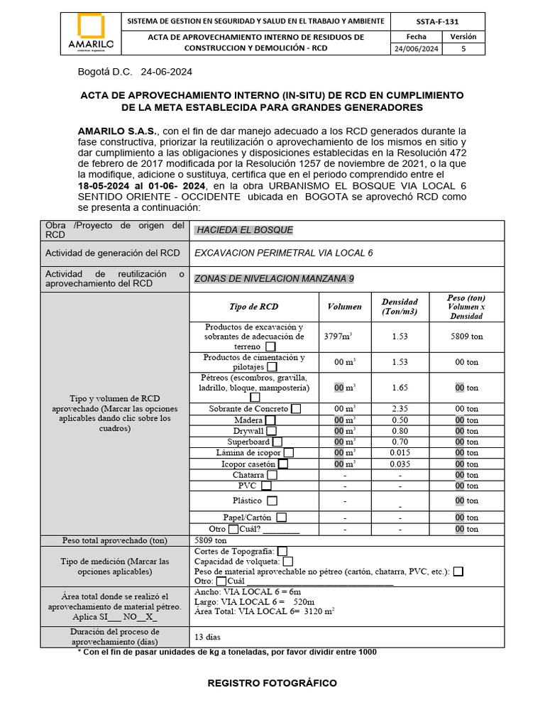 SSTA-F-131 Acta Aprovechamiento Interno RCD.2 | PDF | Materiales | Ingeniería de Edificación