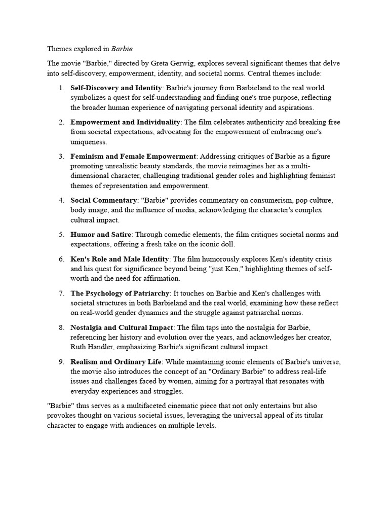 Themes Explored in Barbie | PDF | Barbie | Gender Studies