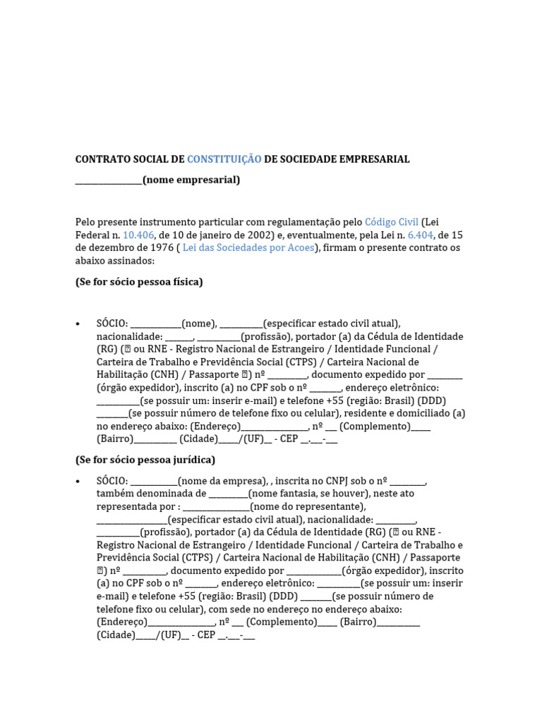 Modelo Contrato Social de Sociedade Limitada | PDF | Business