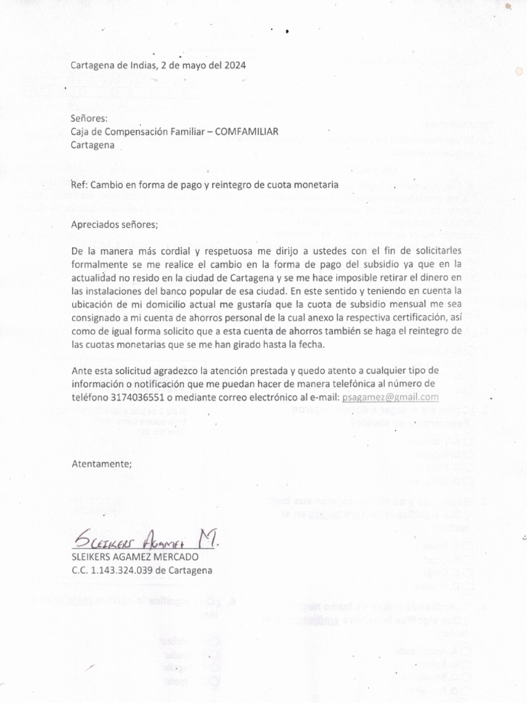 Carta Solicitud de Cambio Forma de Pago - Sleikers Agamez | PDF