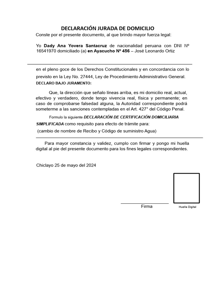 DECLARACIÓN JURADA DE DOMICILIO editable word | PDF