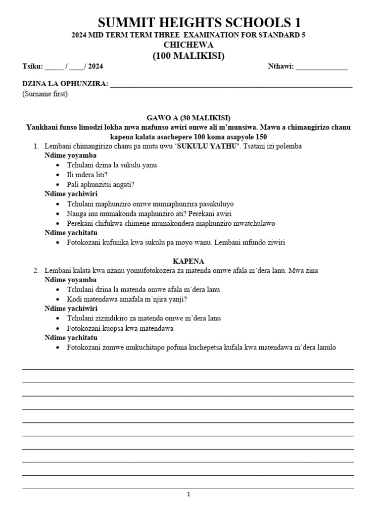 Mid Term 3 Chich STD 5 | PDF