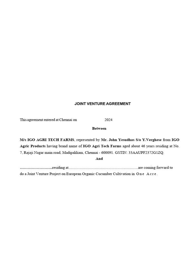 Draft JV Agreement One Acre 1 | PDF | Business | Economies