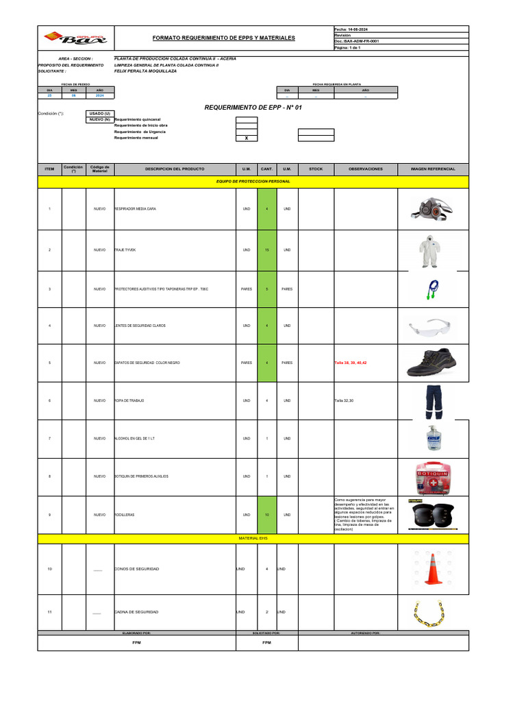 Requerimiento de Epps y Materiales - Limpieza General de Instalaciones de Planta Colada Continua ...