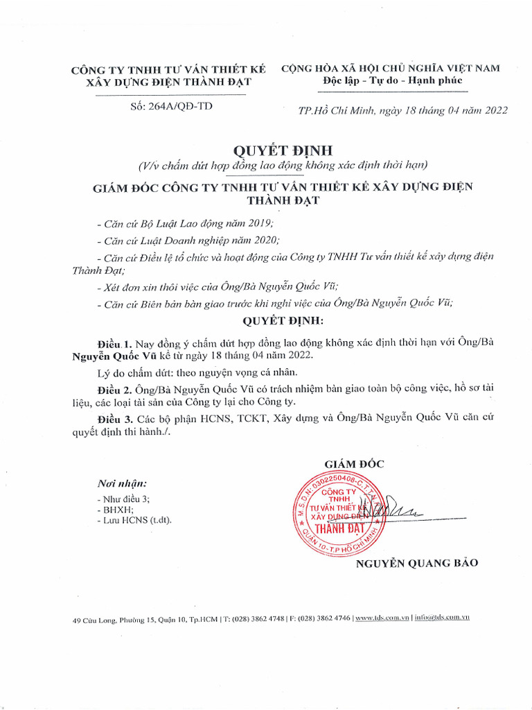 Quyet Dinh Nghi Viec CTY Thanh Dat | PDF