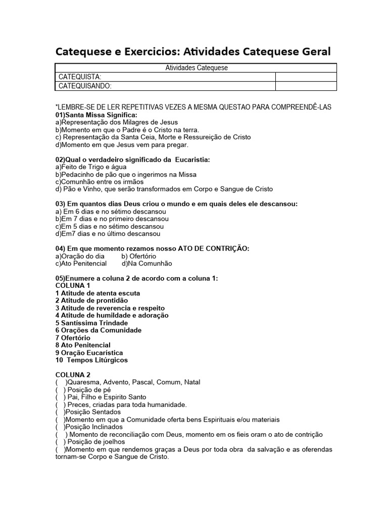 Catequese e Exercicios Atividades Catequese Geral CRISMA 2 | PDF | Eucaristia | Liturgia