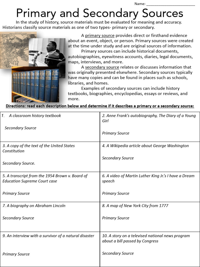 Primary or Secondary Source Worksheet | PDF | Primary Sources