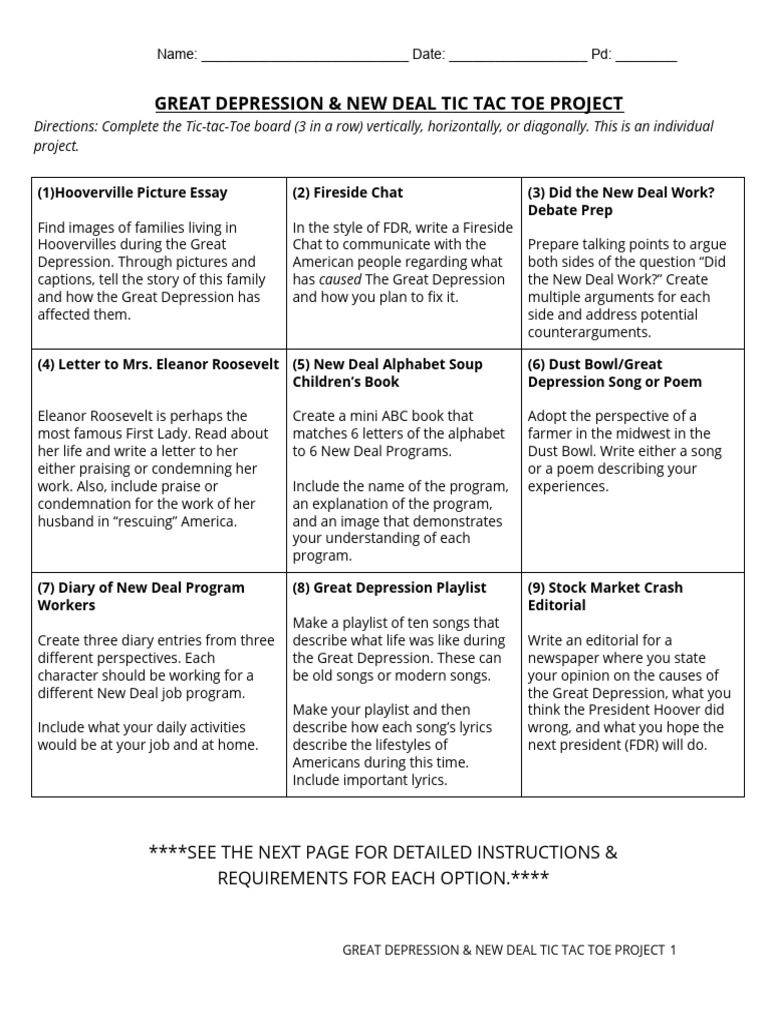 Great Depression New Deal Project Guide | PDF | New Deal | Franklin D ...