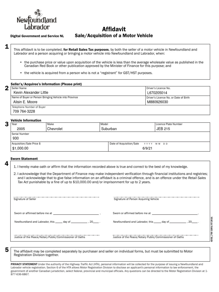 Affidavit Sale Acquisition of A Motor Vehicle Fillable | PDF ...