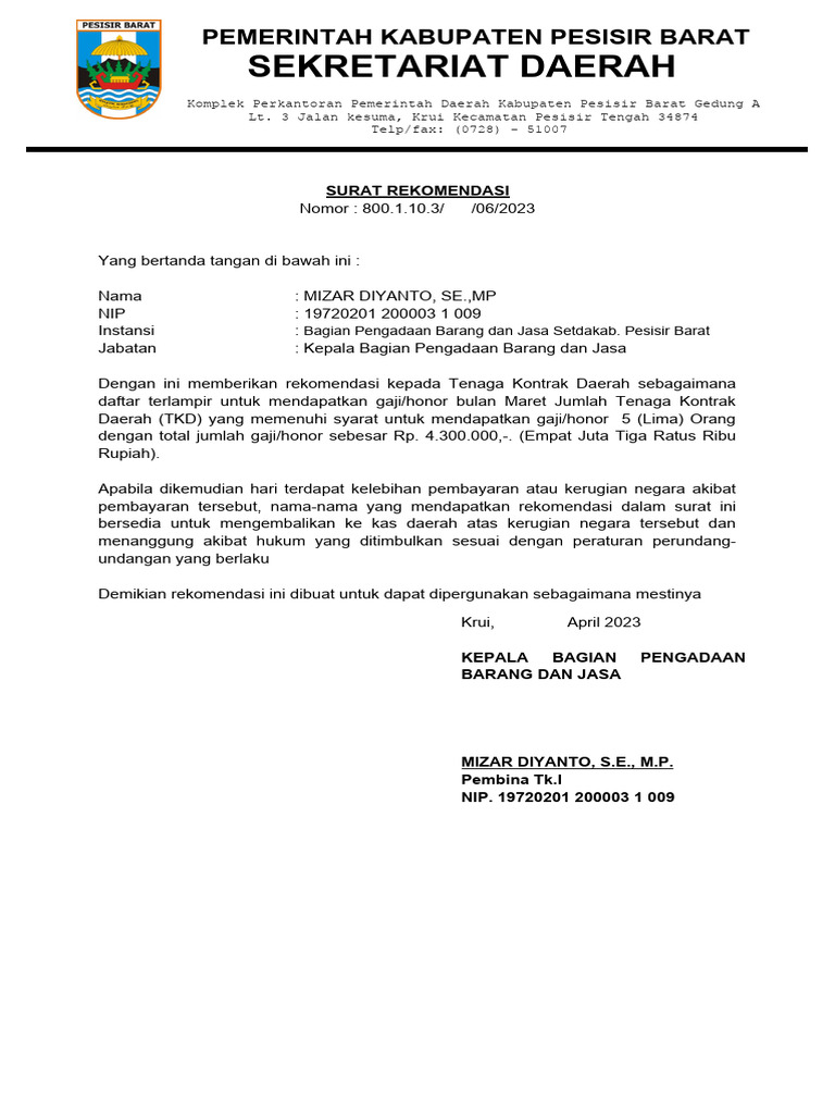 Format Surat Rekomendasi Januari 2023 (AutoRecovered) | PDF