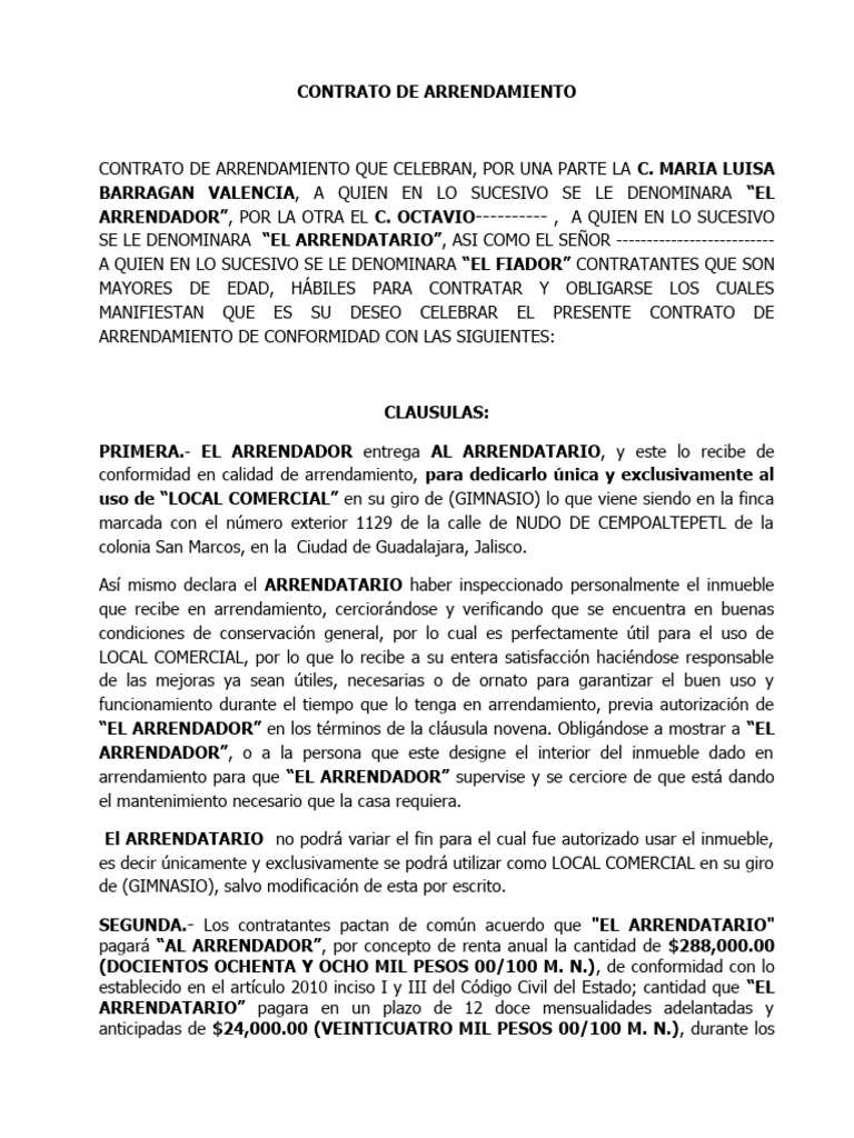 Contrato de Arrendamiento para Gimnasio | PDF | Derecho civil (sistema ...