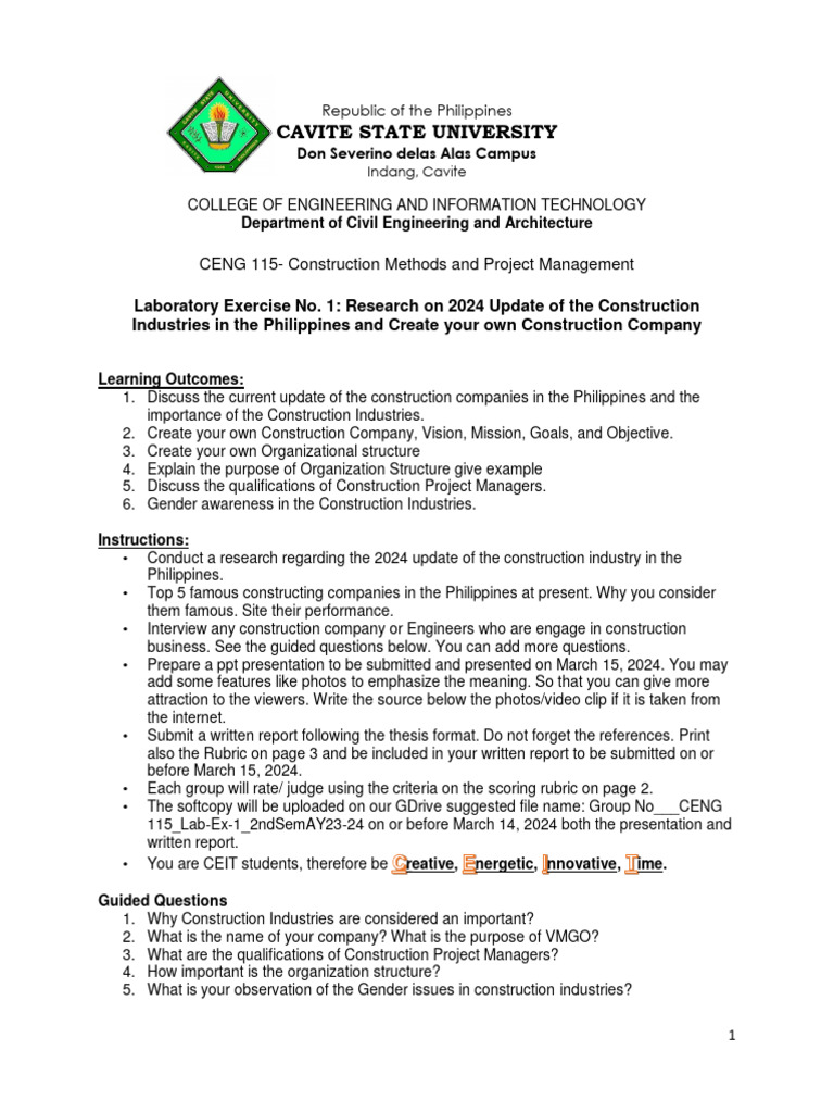 CENG 115 - Lab - Excercise 1 - March 8 2024 | PDF | Rubric (Academic) | Cognition