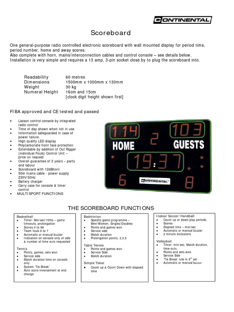 scoreboard_spec_sheet[1] | PDF | Sports | Sports Rules And Regulations