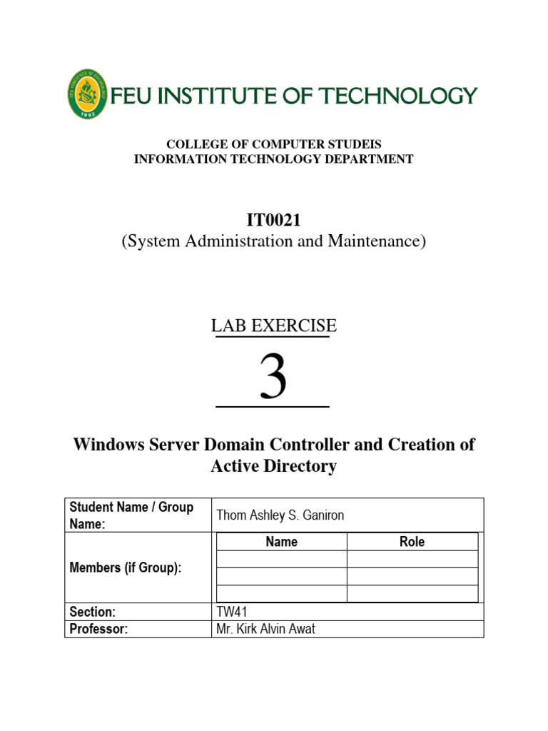It0021 Laboratory Exercise 3 Ganiron 1 Pdf Pdf Active Directory Computer Networking
