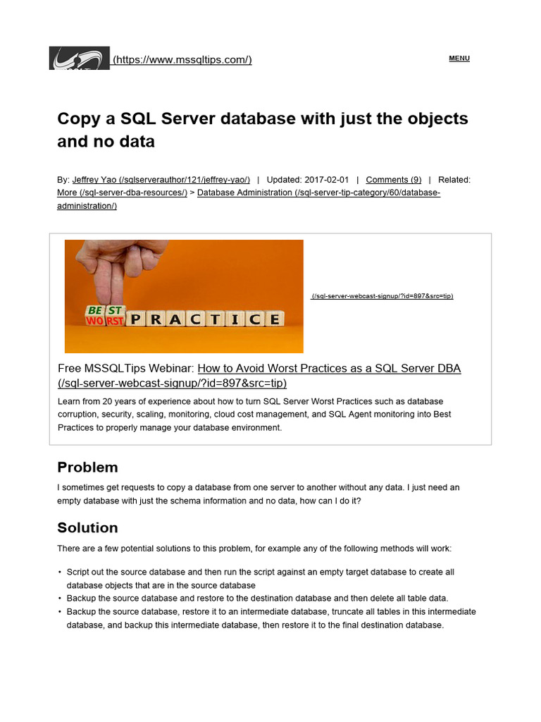 Copy A Sql Server Database With Just The Objects And No Data Pdf Microsoft Sql Server