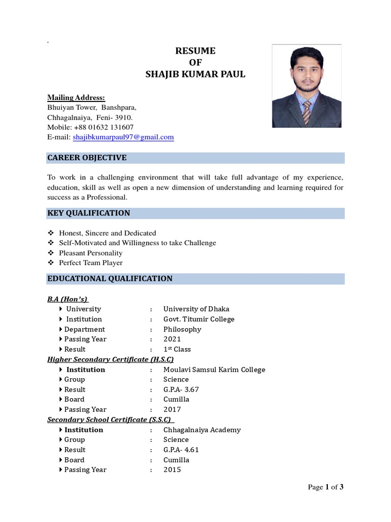 Resume OF Shajib Kumar Paul: Career Objective | PDF