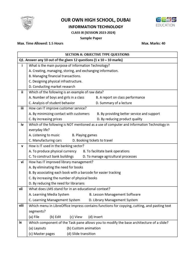 Sample Question Paper Information Technology 2024 Pdf Information Information Technology
