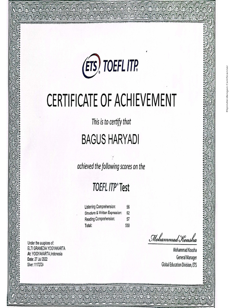 Toefl Certificate 550 Bagus Haryadi 2022 | PDF