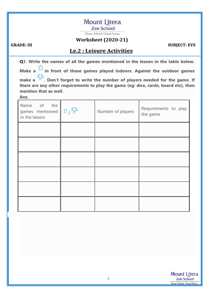 Grade 3 - EVS - LS 2 - Leisure Activities - Week 2 | PDF