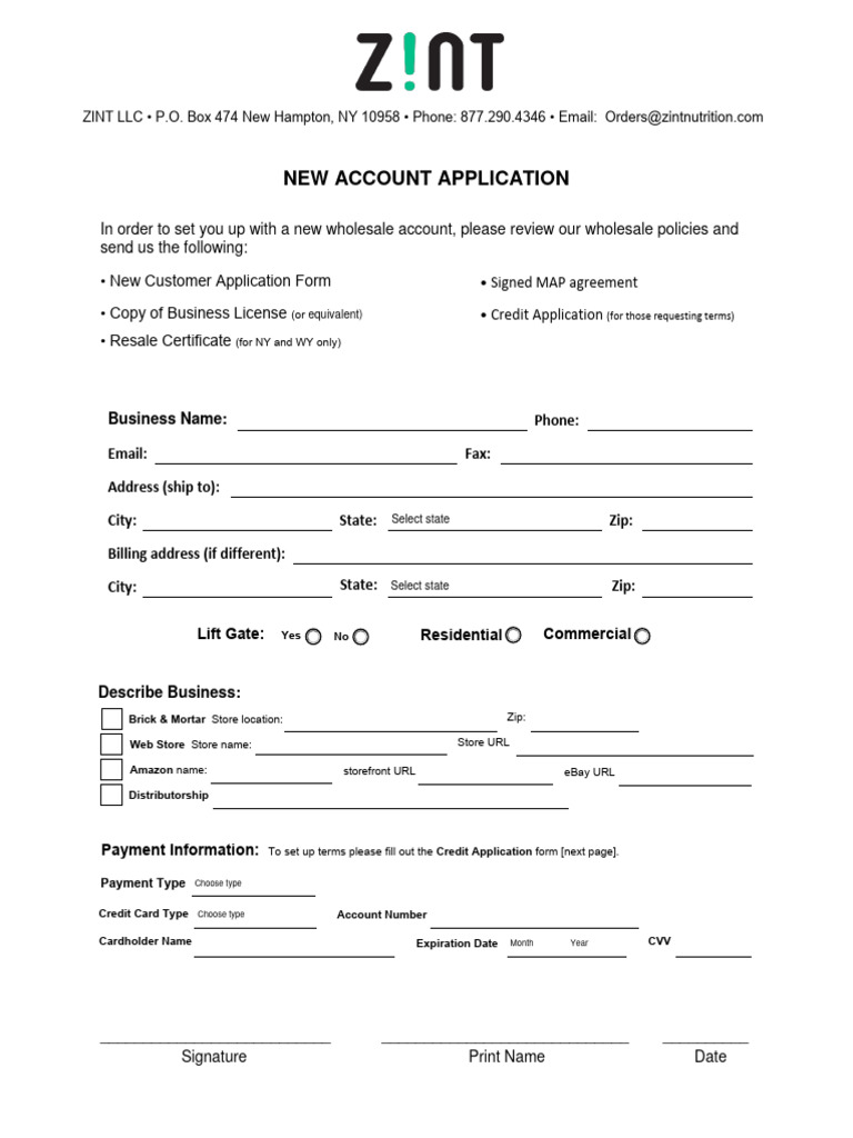 Zint New Account Application Form | PDF | List Price | Business