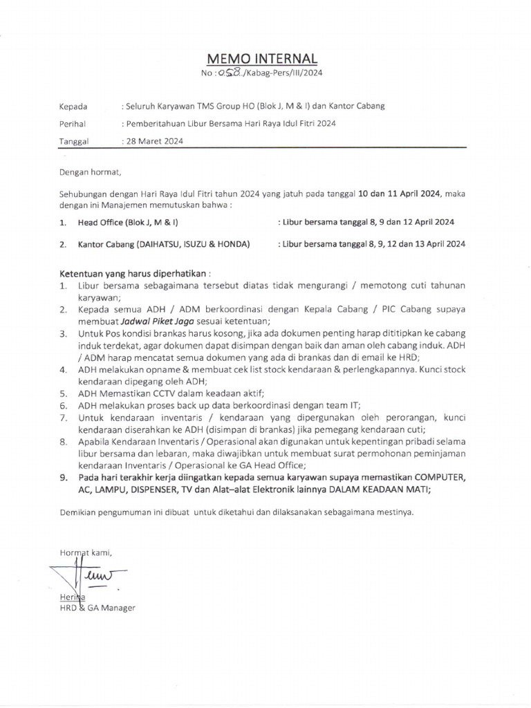 Memo Internal Libur Bersama Idul Fitri 2024 | PDF
