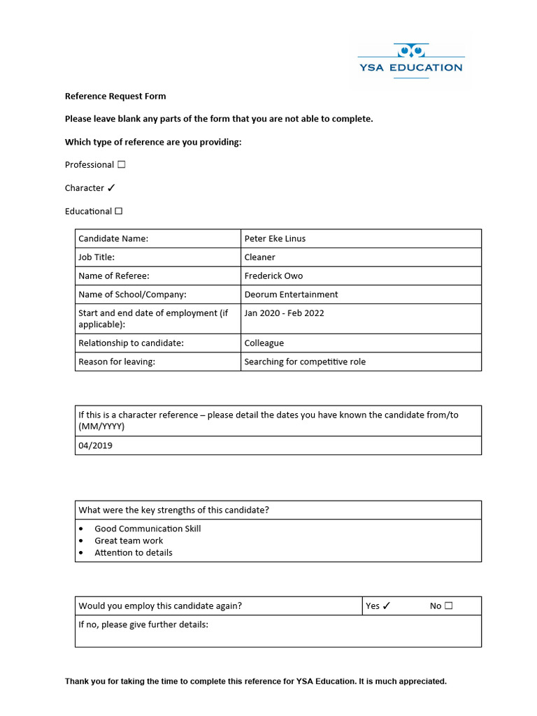 YSA Education - Reference Request Form1 | PDF | Career & Growth