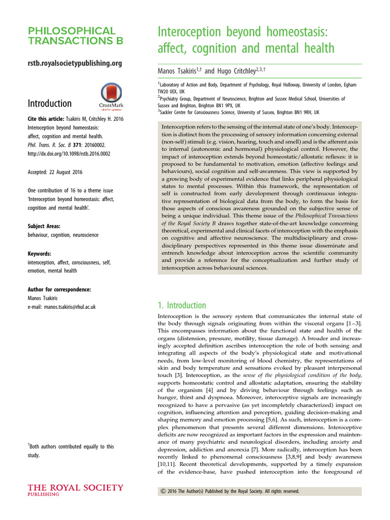 Tsakiris - Interoception Beyond Homeostasis, Afect-Cognition and Mental Health | PDF | Insular ...