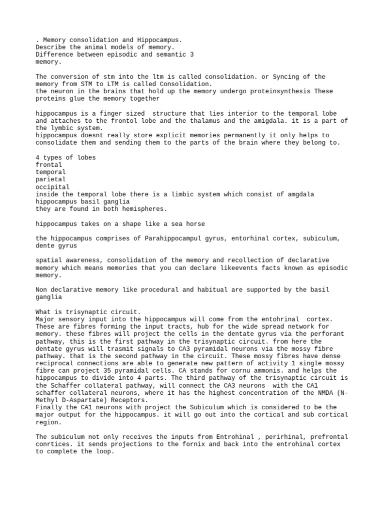 Hippocampus and Memory Consolidation | PDF | Hippocampus | Memory