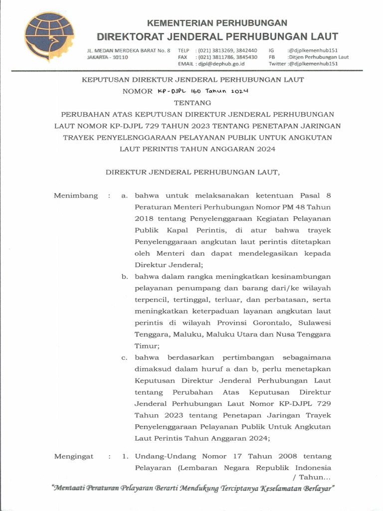 KP-DJPL 160 Tahun 2024 Tentang Perubahan Atas Keputusan Direktur ...