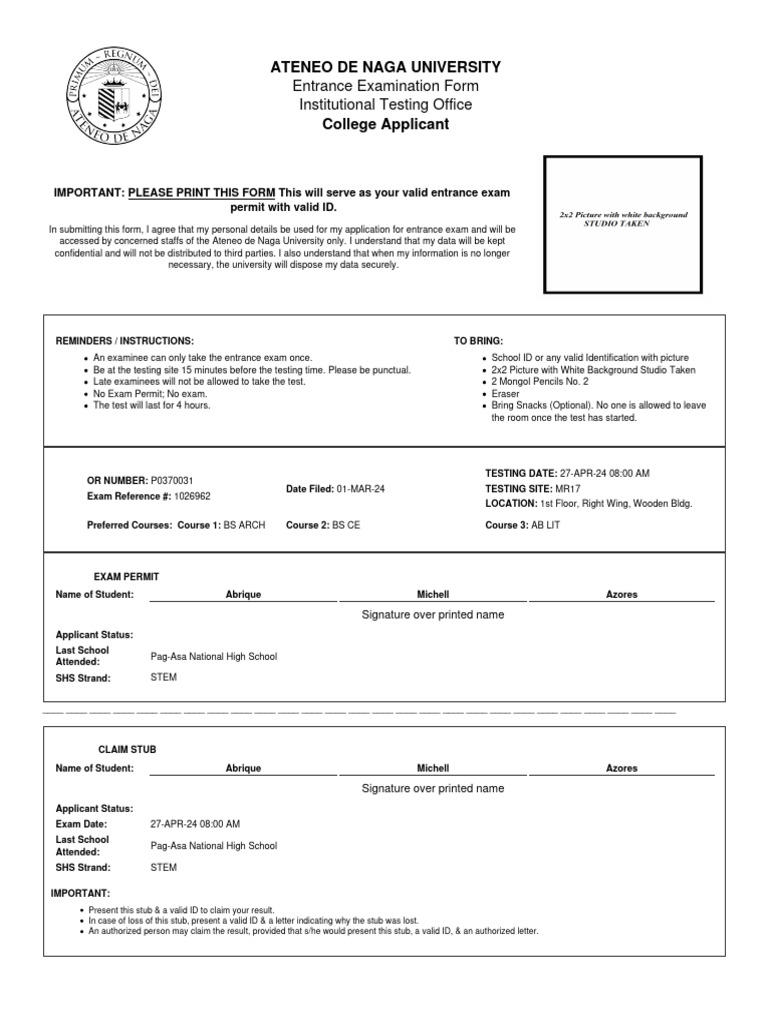 Ateneo de Naga University: Entrance Examination Form Institutional ...