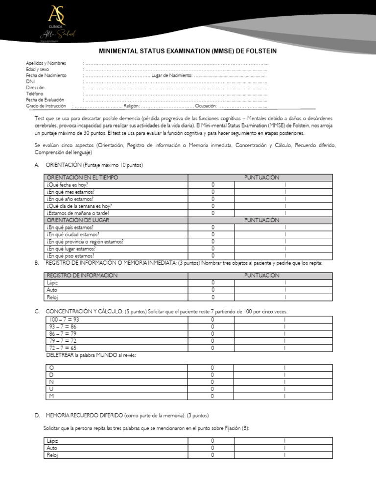 MINIMENTAL - Test para Certificados de Salud Mental | PDF | Memoria ...