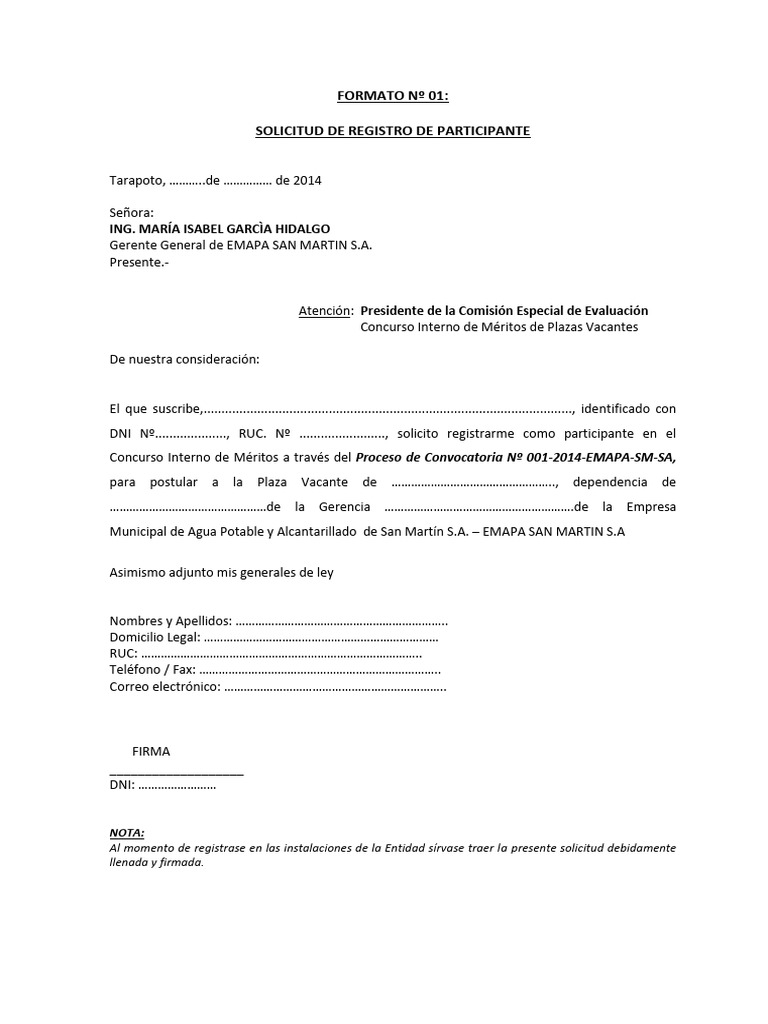 Solicitud Registro Concurso EMAPA 2014 | PDF | Documento de identidad