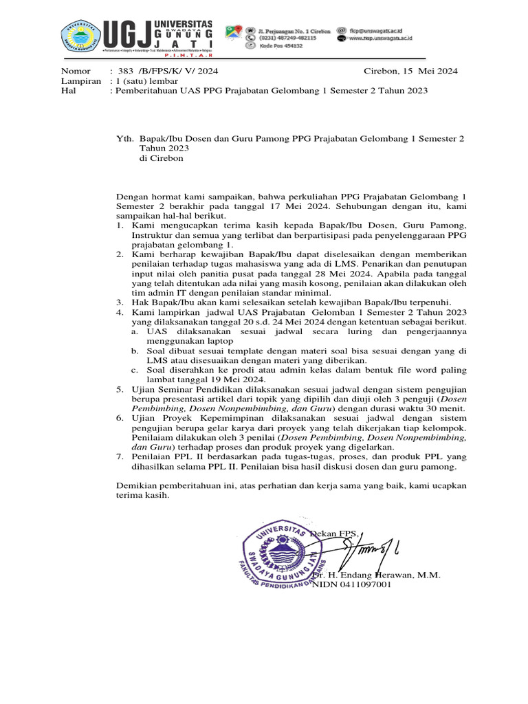 Edaran Dosen Jadwal UAS Prajab G1 S2 2023 | PDF